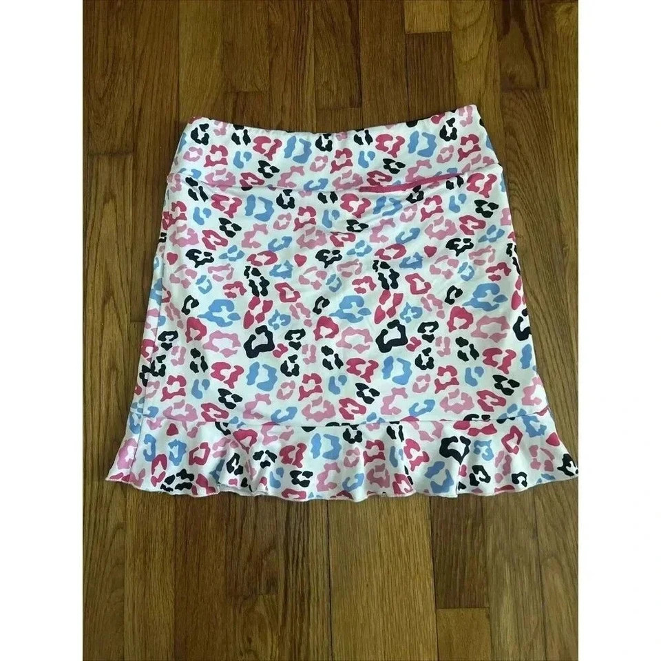 NWT GOLFTINI BIG BANG Pink Blue Leopard Ruffle Hem Knit GOLF SKORT S M ...