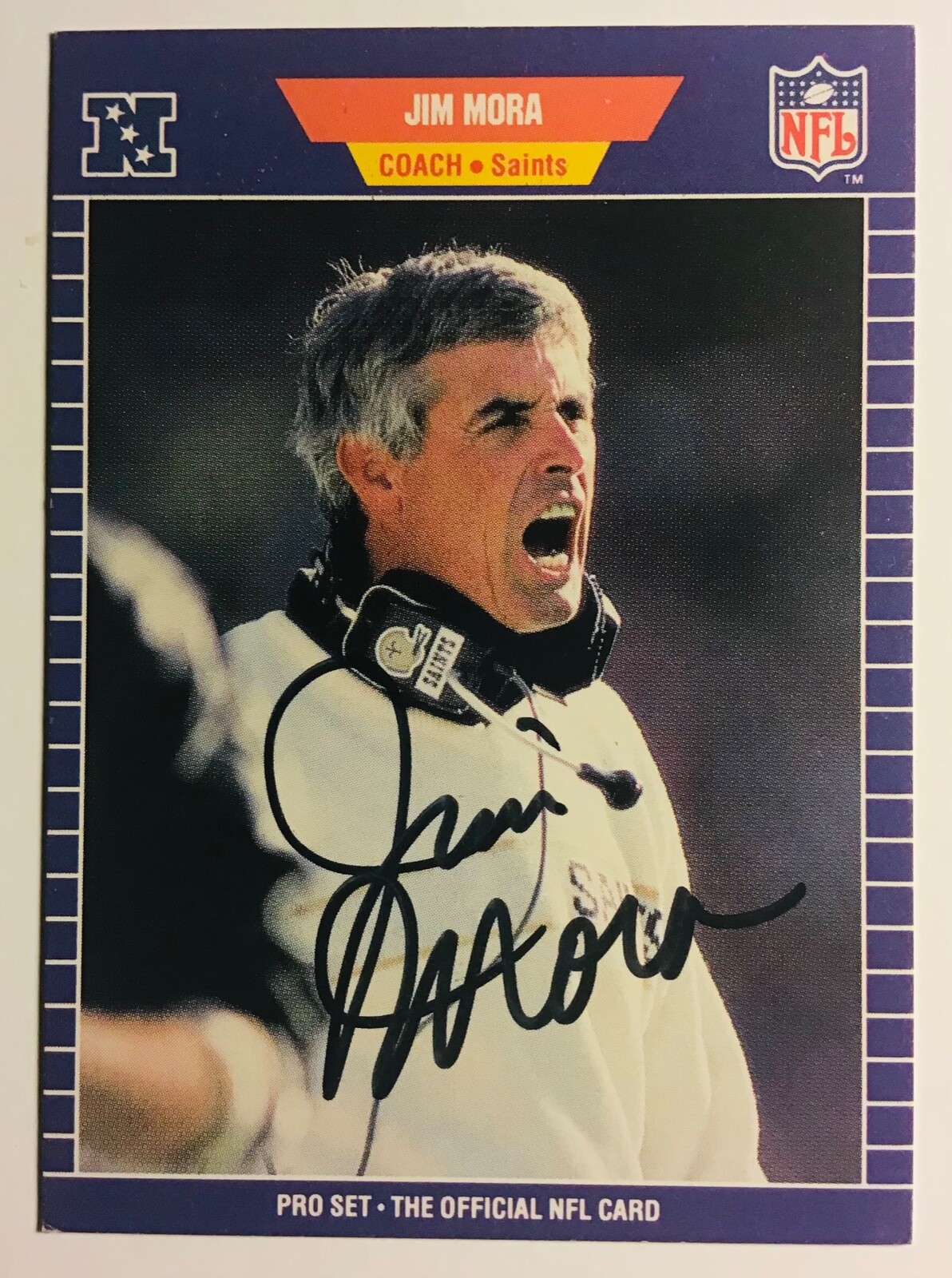 New Orlean Saints JIM MORA auto autograph signed 1989 Pro Set ROOKIE RC ...
