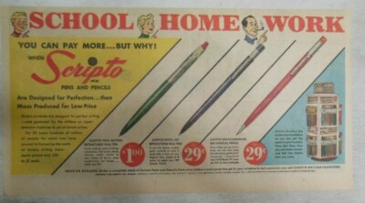 Scripto Pens & Pencils Ad: School Home Work Scripto ! 1950's Size: 7 x ...