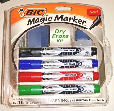 BIC Dry Erase Marker Kit Set Assorted 4 Markers Eraser & Spray Low Odor ...