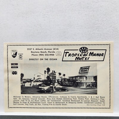 1972 Tropical Manor Motel Daytona Beach Florida FL Print Ad Man Cave ...
