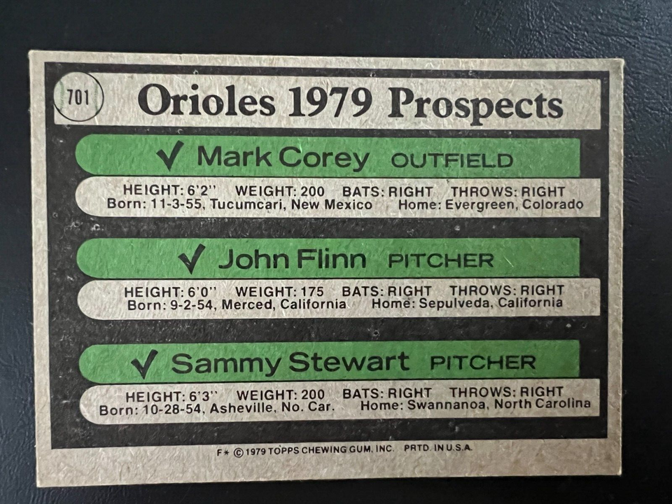 1979 Topps Orioles Prospects #701 Mark Corey John Flinn Sammy Stewart ...