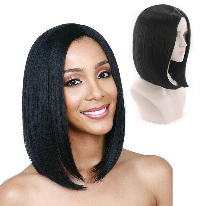 Women Short Straight Black Bob Wig Middle Part Synthetic Heat Safe ...