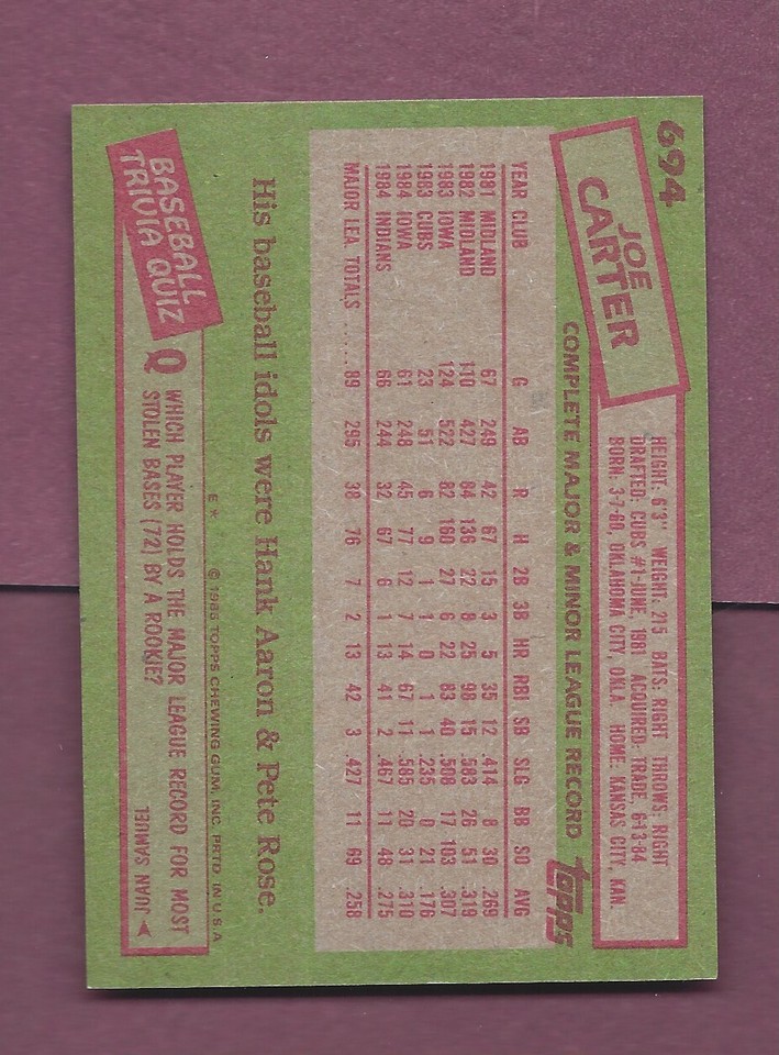 RAZOR SHARP PACK FRESH 1985 TOPPS #694 JOE CARTER ROOKIE .99SHIP N623 ...
