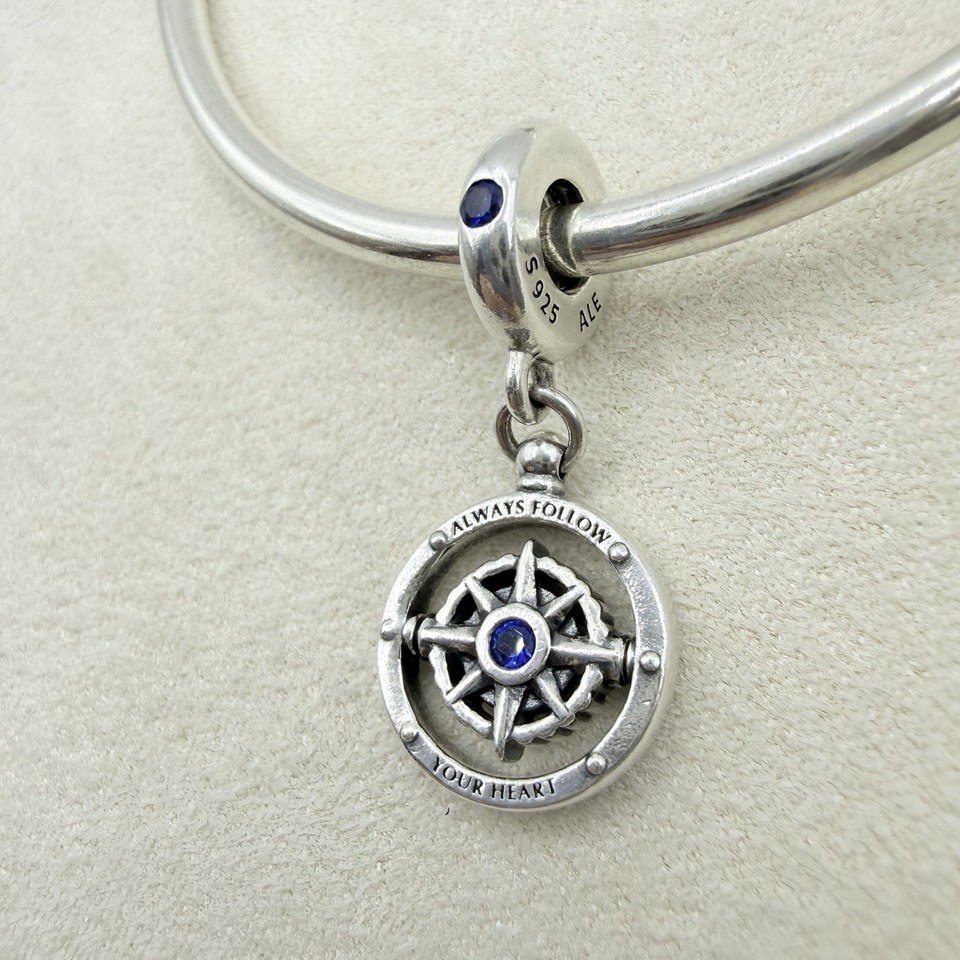 Pandora Sterling Silver Spinning Compass Dangle Charm Blue Crystal ...