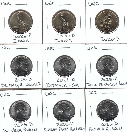 NINE VARIOUS UNCIRCULATED U.S. COINS - NICE MIX OF SMALL DOLLARS ...