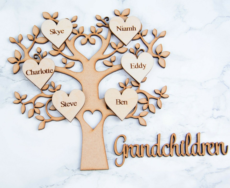 MDF Family Tree Shape Personalised Rustic Engraved Hearts & Family sign ...