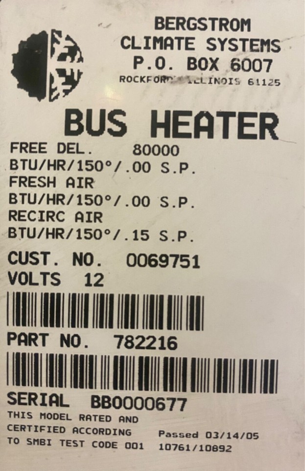 Bergstrom Climate Systems Bus Heater