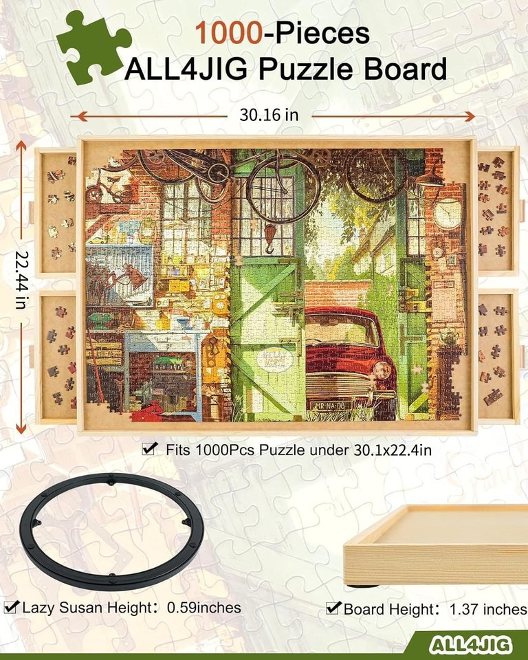 ALL4JIG 1000 Piece Rotating Puzzle Board with Drawers 22"x30"Portable ...