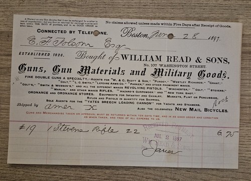 1897 William Read & Sons Guns Gun Materials Military Goods Billhead Boston, MA | eBay
