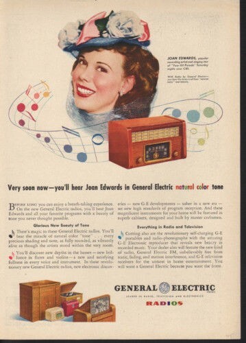 1945 GENERAL ELECTRIC RADIO JOAN EDWARDS SINGER HIT PARADE SING AD ...