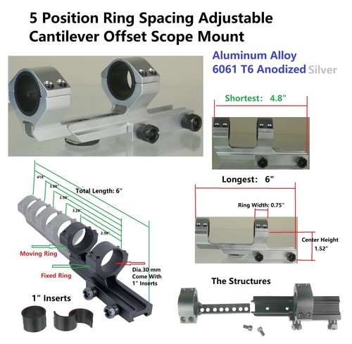 Silver Spacing Adjustable Offset Cantilever Weaver Scope Mounts 30mm/1 ...