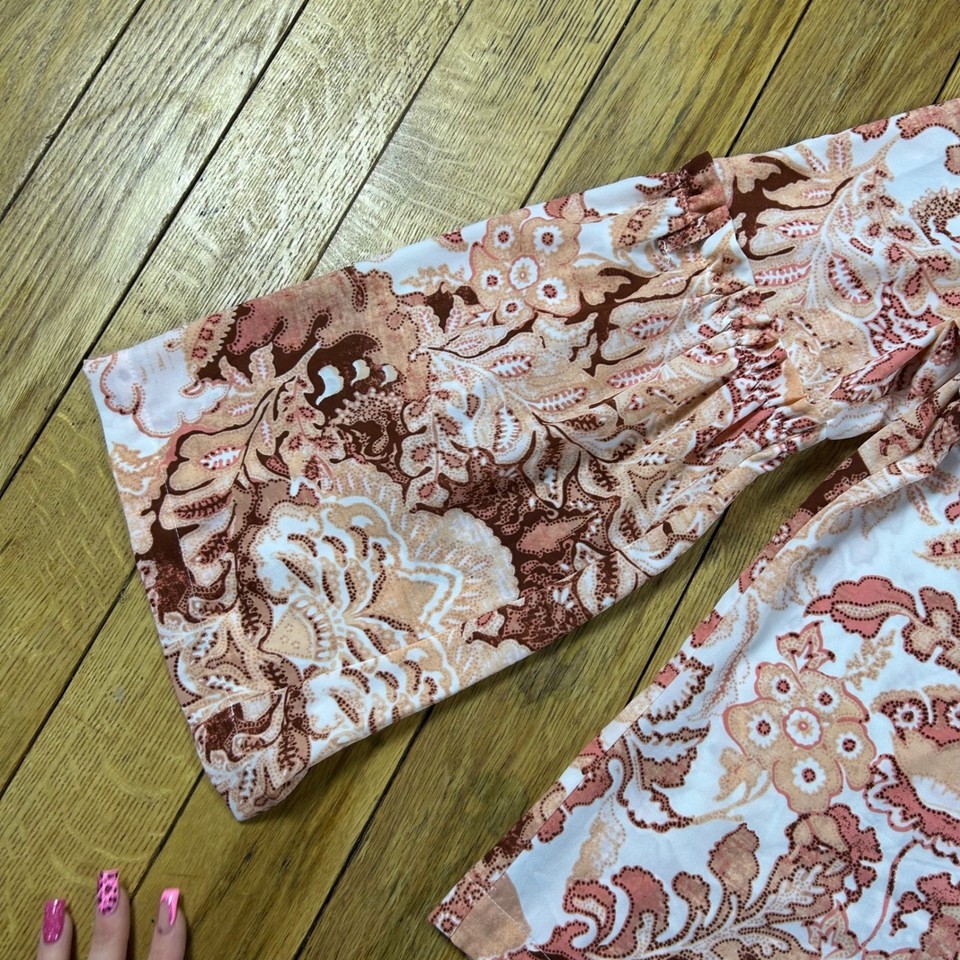 Lauren Conrad Bell Sleeve Floral Print Boho Blouse Top Peach Brown ...