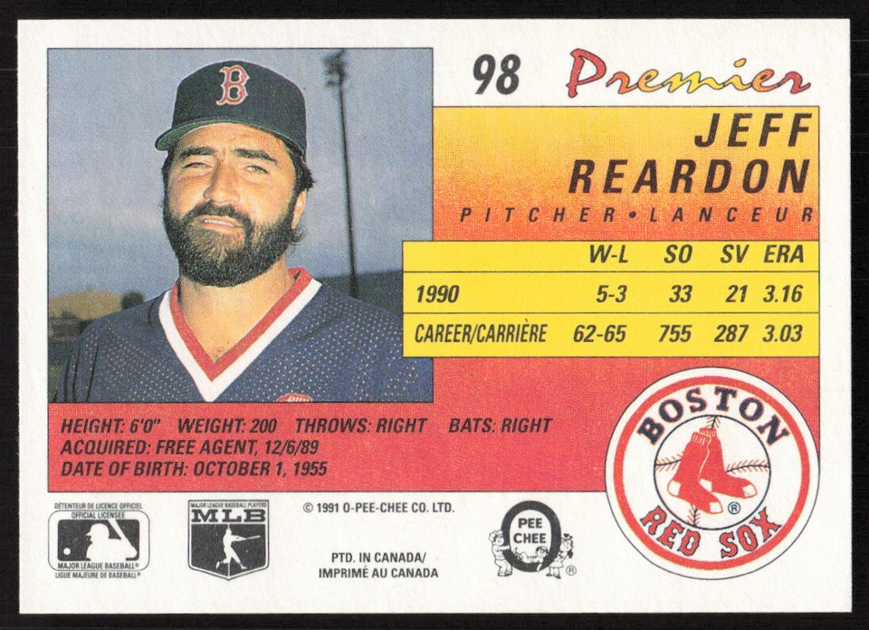 1991 O-Pee-Chee Premier Jeff Reardon Baseball Card #98 - Boston Red Sox ...