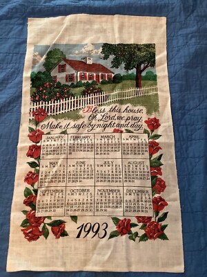 Vintage 1993 Linen Calendar Tea Towel Bless This House..Home Picket ...