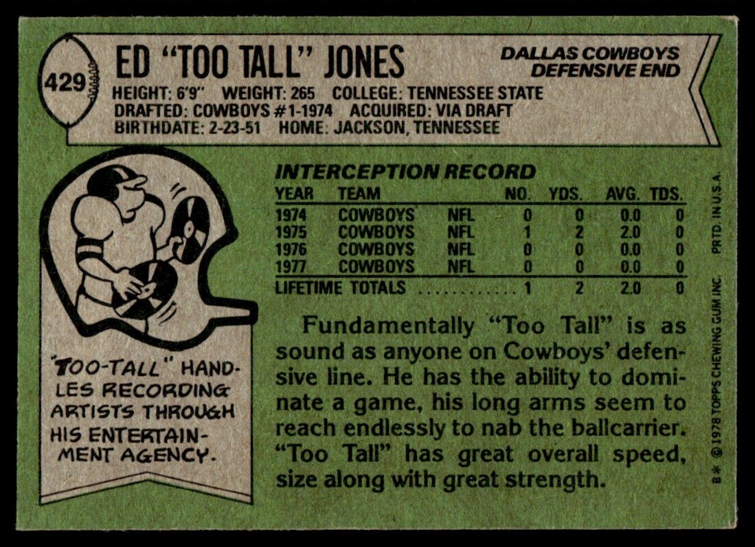 1978 Topps Ex Ed Too Tall Jones Dallas Cowboys #429 | eBay