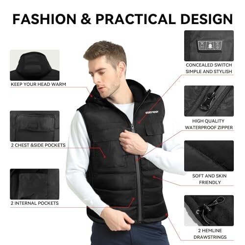 Heated Vest With Hood For Men/women 6 Pockets 6 Heating Panels 3 Modes ...
