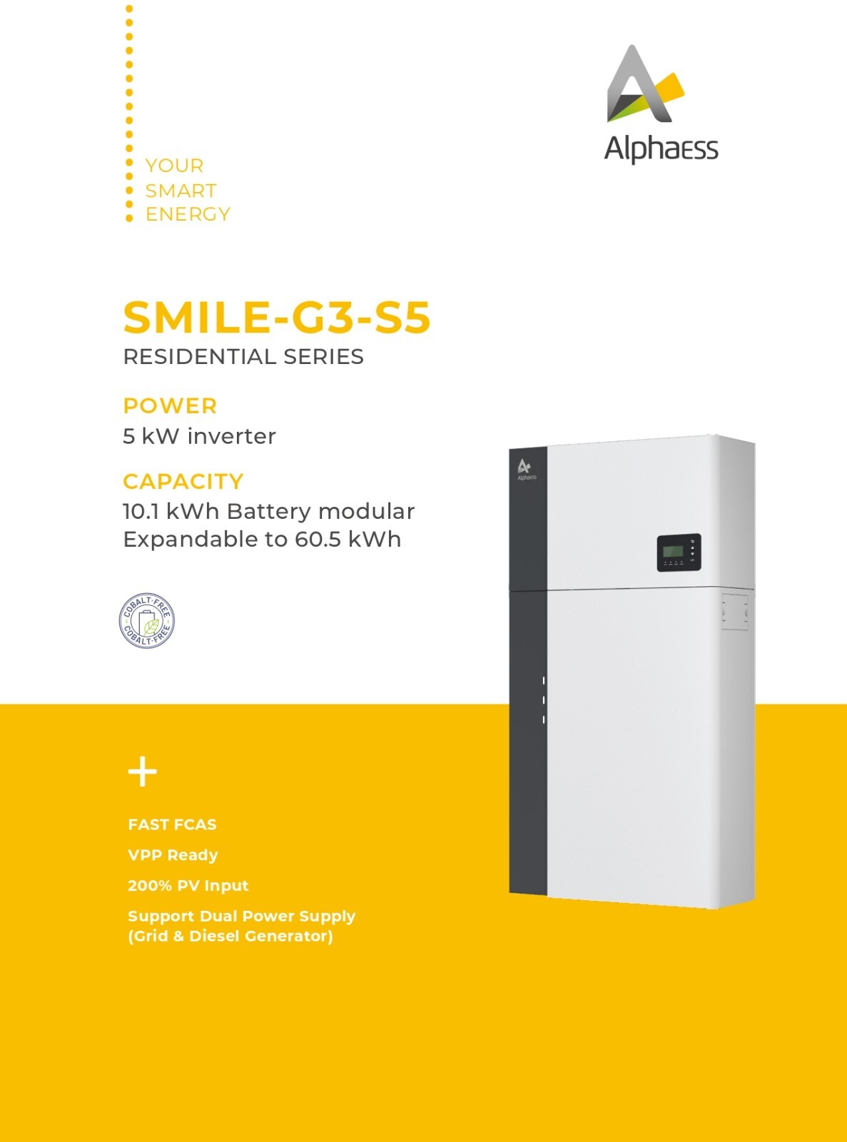 ALPHAESS SMILE-G3-S5 5KW Inverter + 10.1KWH Battery Residential Energy ...