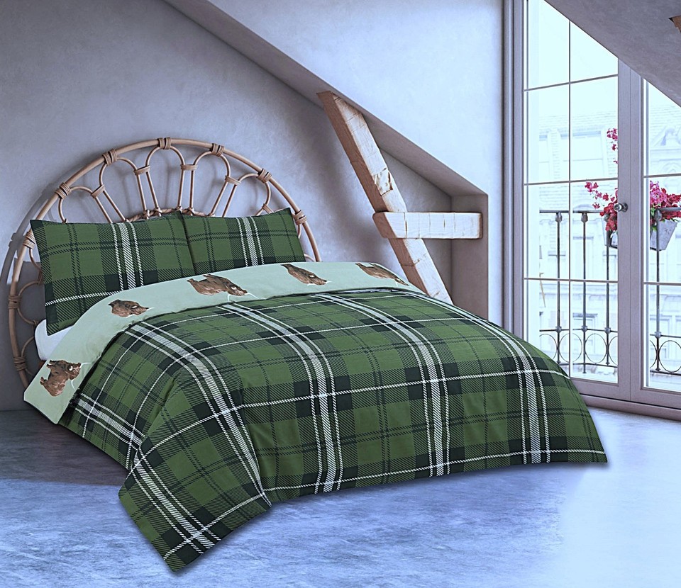 Highland Cow Bedding Set Reversible Duvet Cover GreenTartan Check | eBay UK