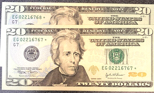 UNITED STATES AMERICA USA 2004 TWENTY $20 DOLLAR STAR NOTE CONSEC PAIR ...