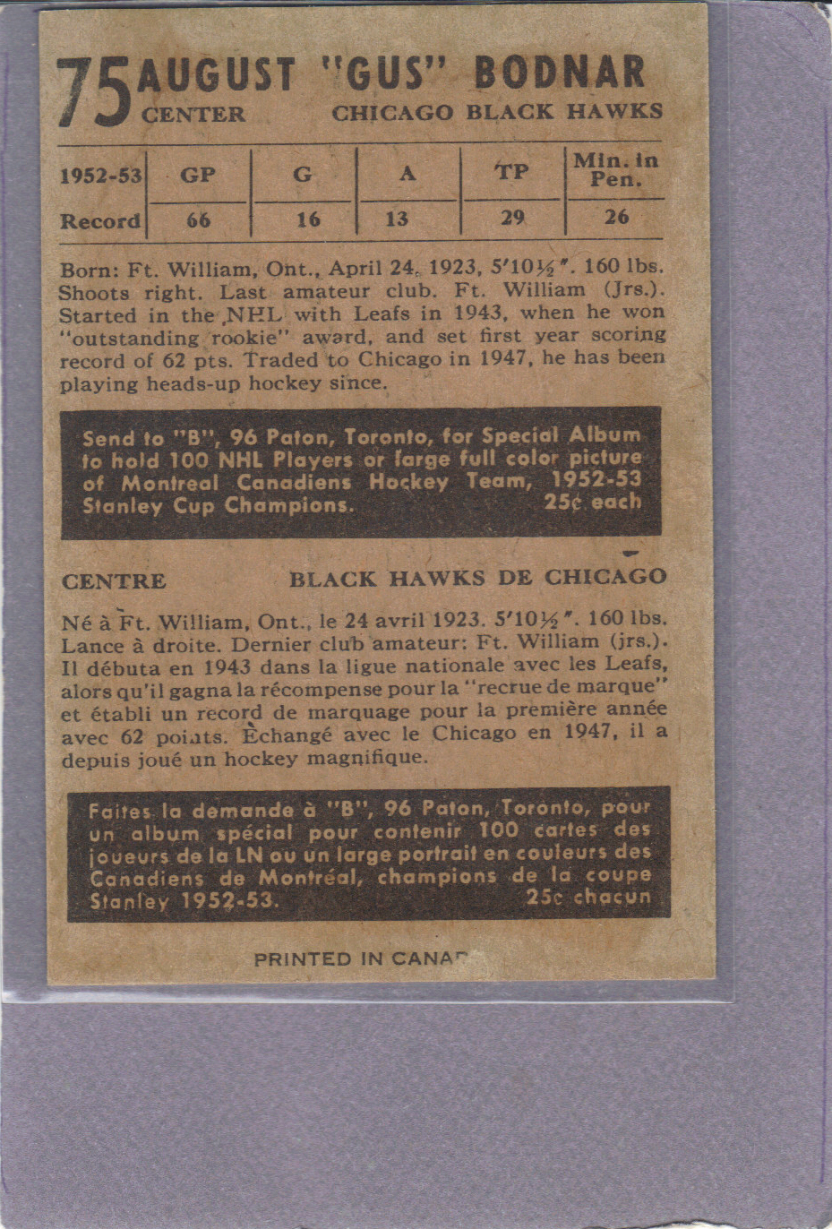 1953-54 PARKHURST #75 GUS BODNAR CHICAGO BLACK HAWKS | eBay