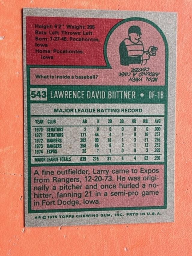 1975 TOPPS #543 LARRY BIITTNER MONTREAL EXPOS NM-MT SHIPS FREE IN NEW ...