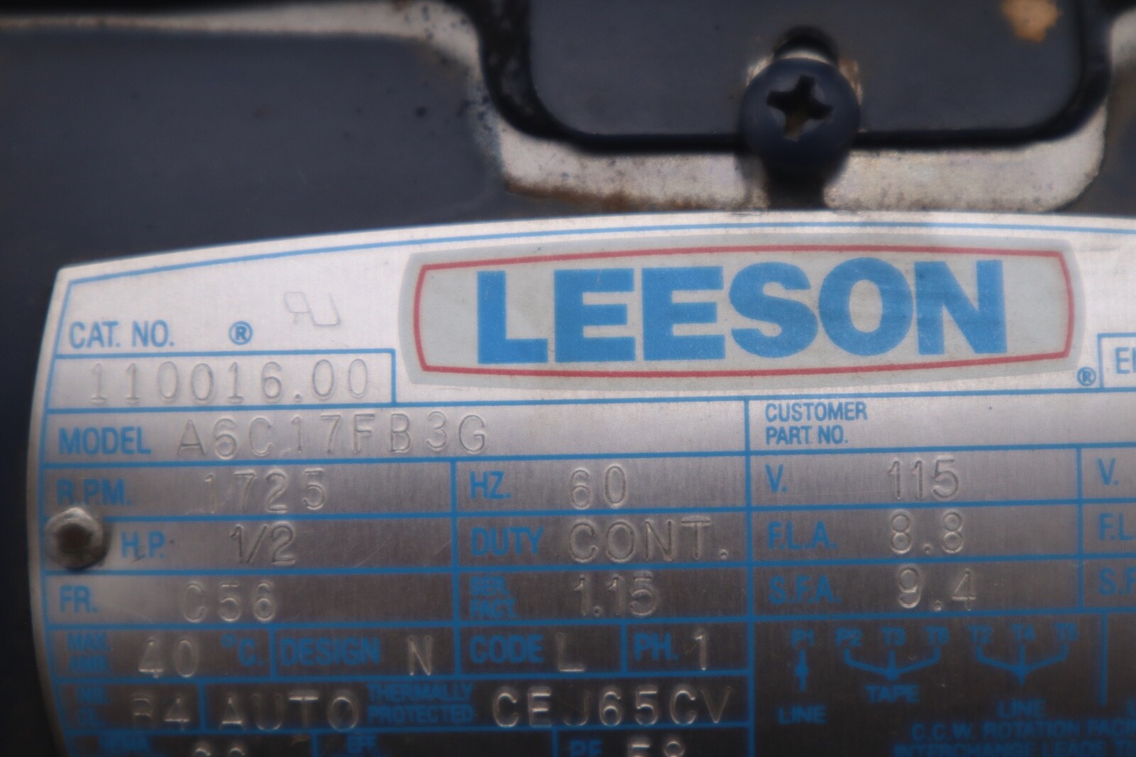 LEESON Model A6c17fb3 Cat No. 110016-00 Motor 1/2 HP 208-230v 1 Phase ...