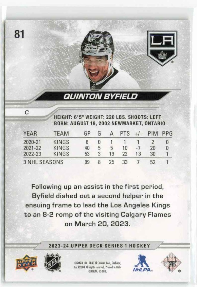 2023-24 Upper Deck Series 1 Quinton Byfield #81 Outburst Gold 1/1 Kings ...