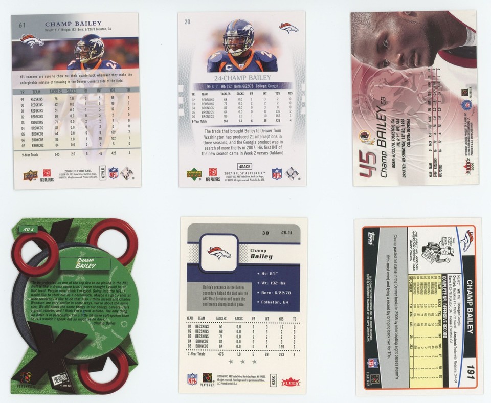 2000 Lot of 6 Cards Champ Bailey Redskins / Broncos / Georgia HOF (A7 ...