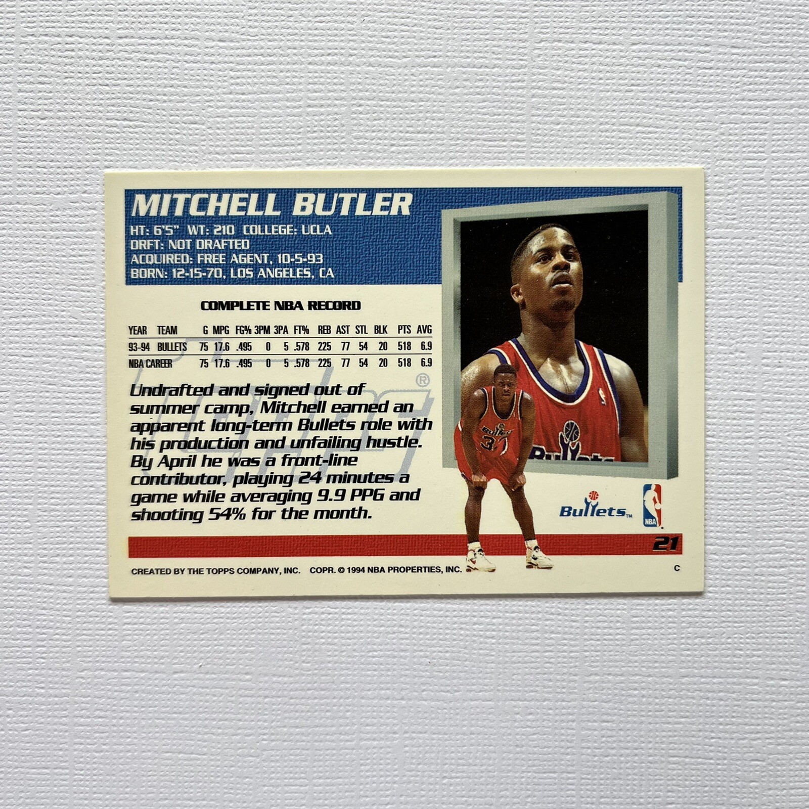 Mitchell Butler Washington Bullets Basketball Card 1994 Topps #21 Mint ...