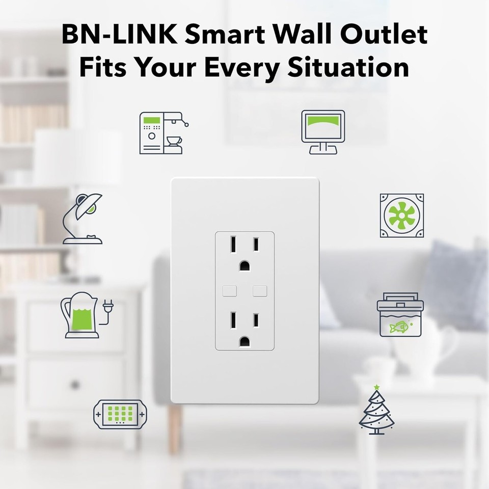 BN-LINK Smart Wi-Fi in-Wall Outlet Plug With 2 Independently Controlled ...