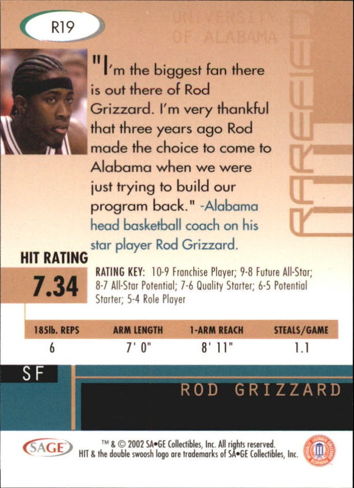 2002 SAGE HIT Rarefied Emerald #R19 Rod Grizzard | eBay