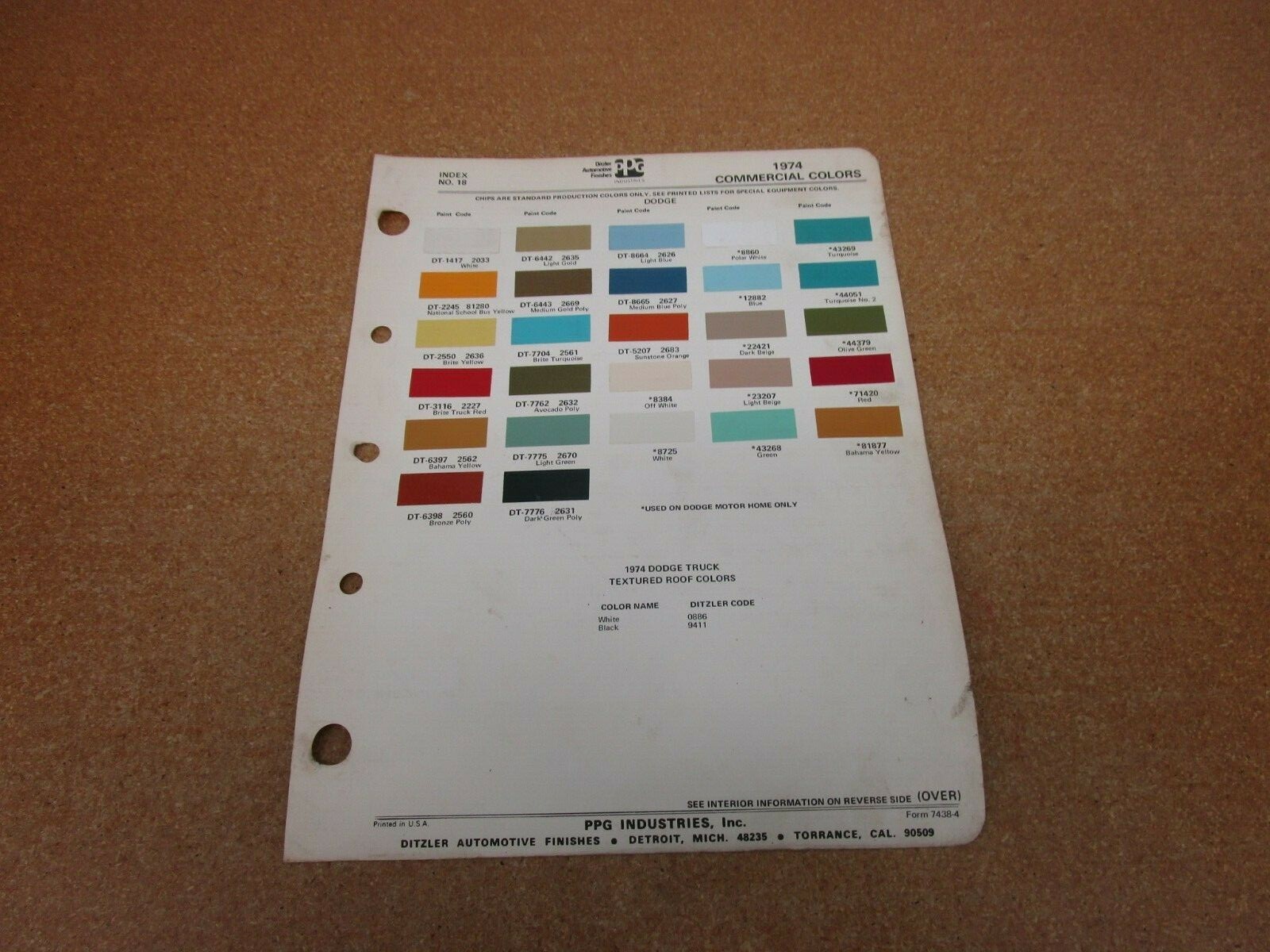 1974 Dodge Commercial truck pickup exterior paint color chip chart ...