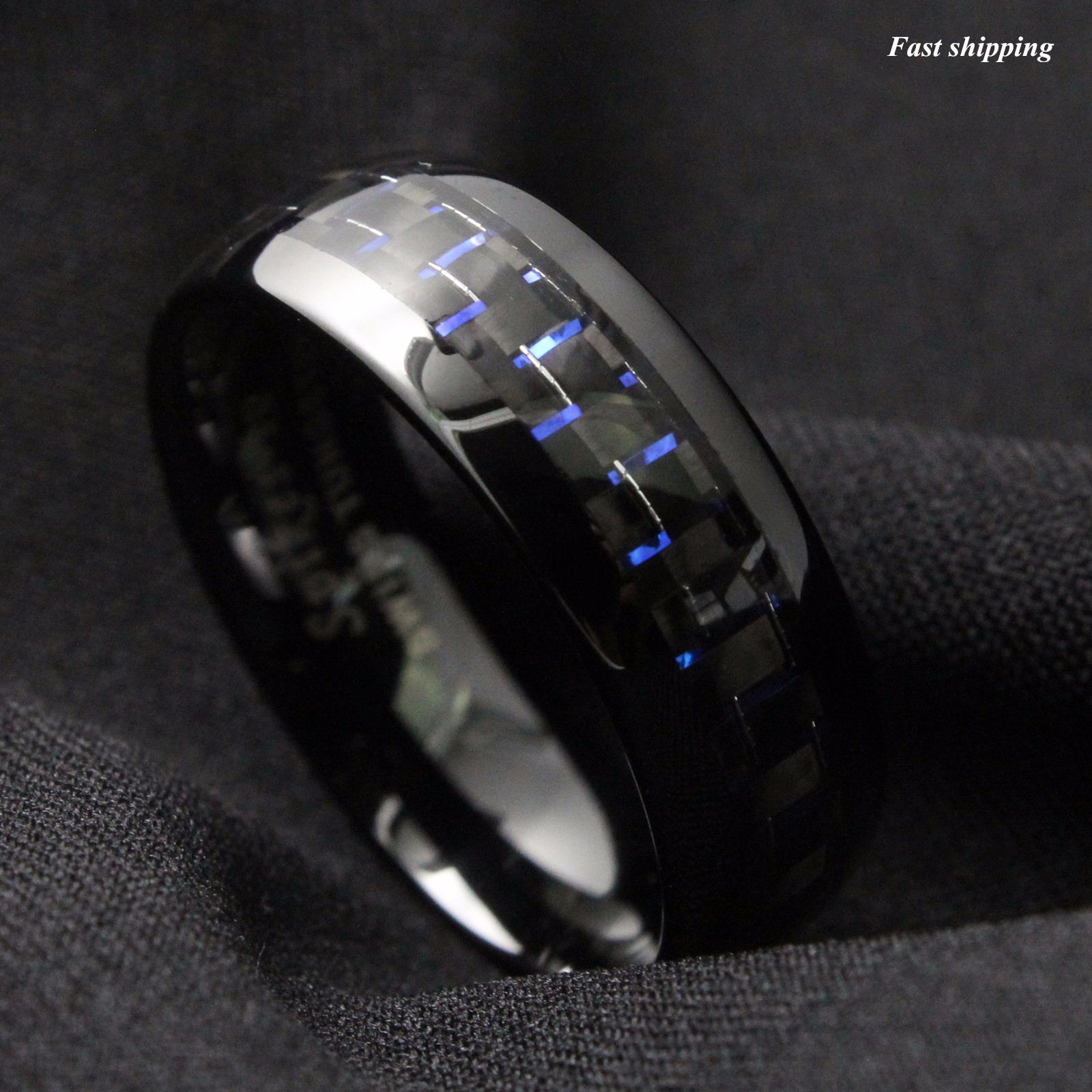 8mm Black and Blue Tungsten Ring with Carbon Fiber Wedding Band Men's ...