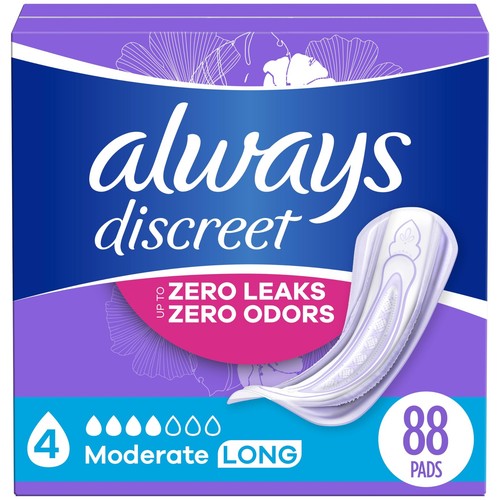 Always Discreet Incontinence Pads Moderate Absorbency Long Length 88 ...
