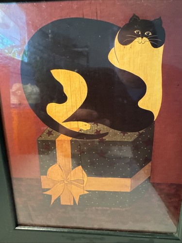 WARREN KIMBLE Framed PrintBlack Cat on Gift Box Folk Art Framed 10 ...