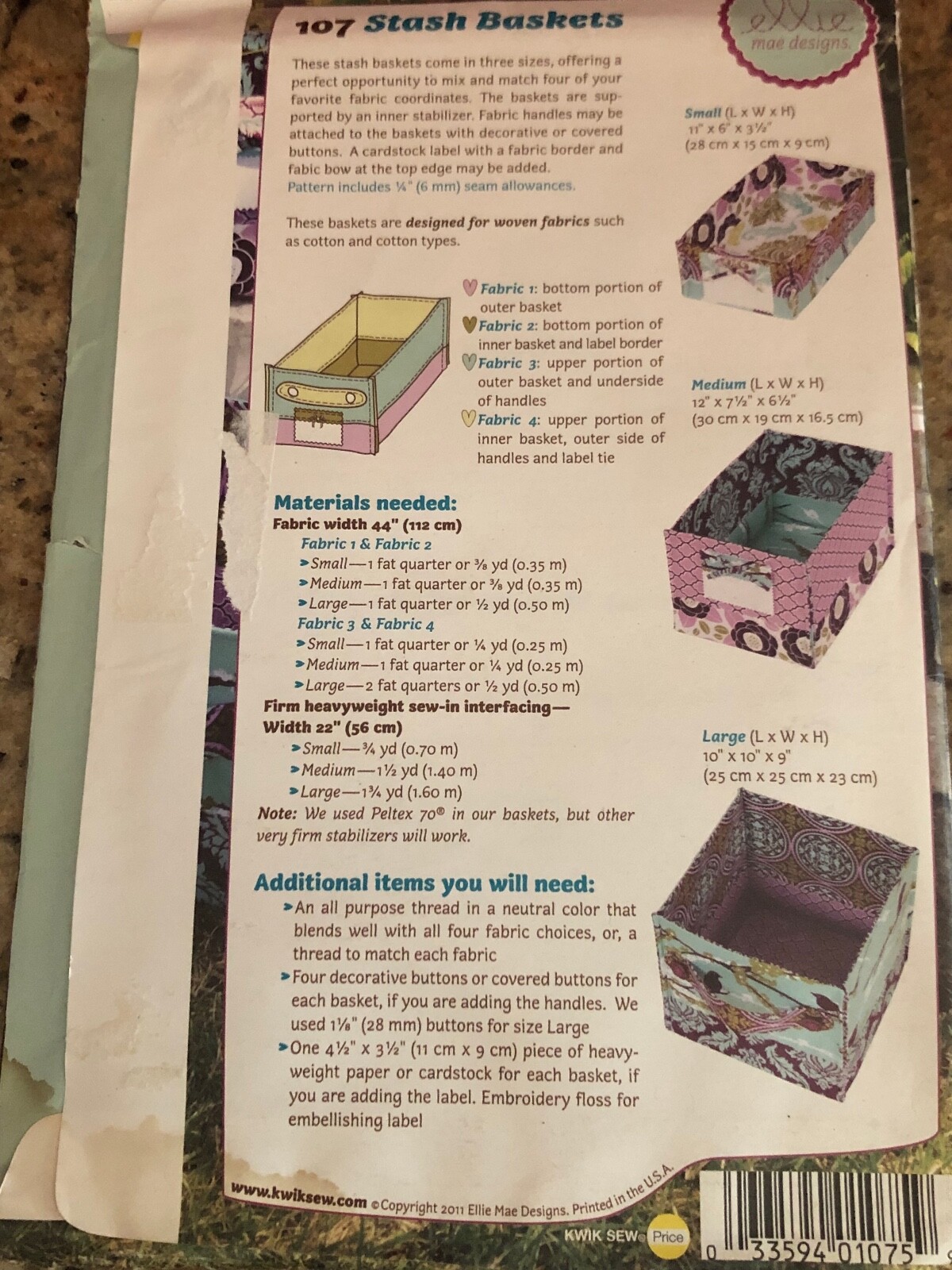 Kwik Sew Sewing Pattern Ellie Mae Designs Stash Baskets K107 for sale ...