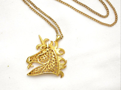 Vintage UNICORN pendant necklace 1960's large signed filigree design ...