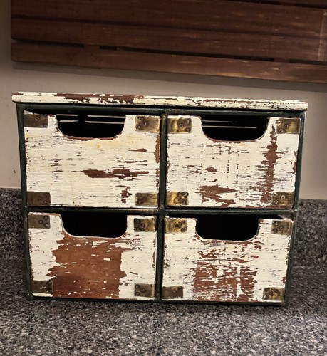 Vintage Wood & Metal Tabletop Cubby Storage 4 Drawer Rustic Drawers ...
