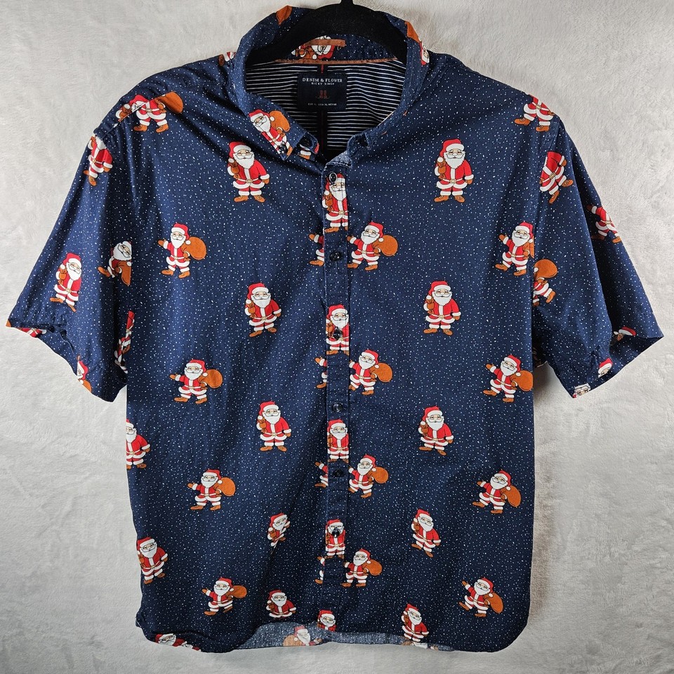 Denim & Flower Ricky Singh Shirt Mens XL Blue Santa Claus Christmas ...