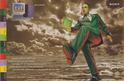 1996 Sony PC Computer - Guy Walks On Computers In Water - 2 Page Print ...