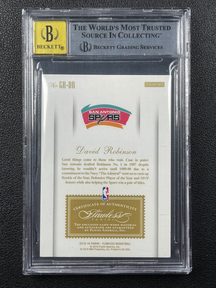 DAVID ROBINSON BGS 9 2015-16 PANINI FLAWLESS DUAL GU PATCH AUTO ...