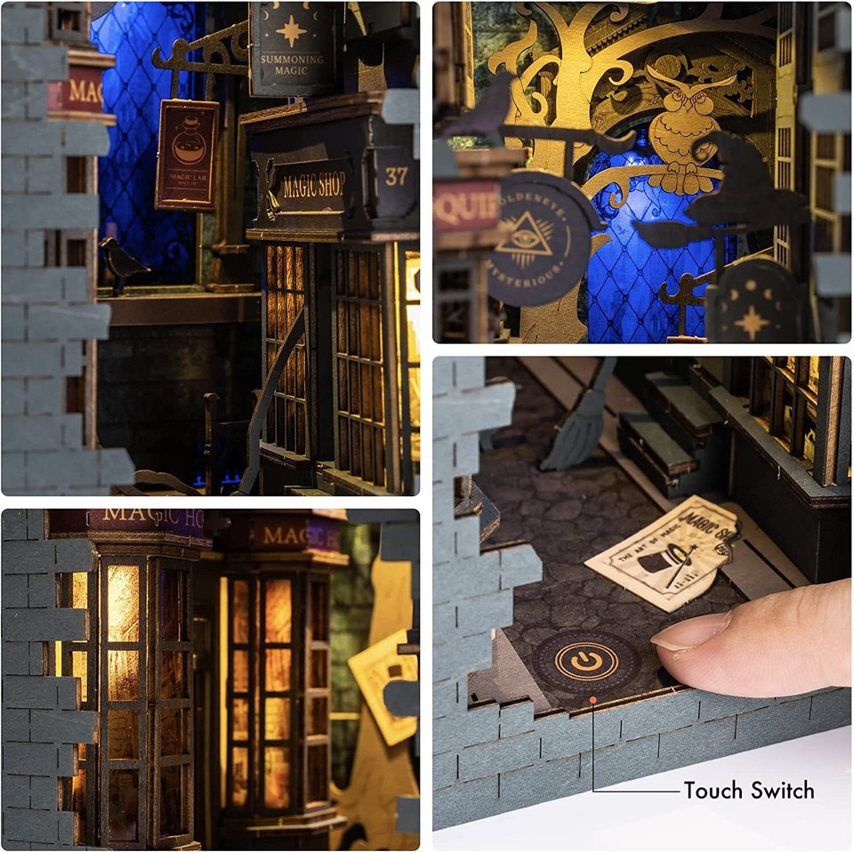 Robotime Book Nook DIY Dollhouse Bookends Model Kit LED Bookshelf Decor ...