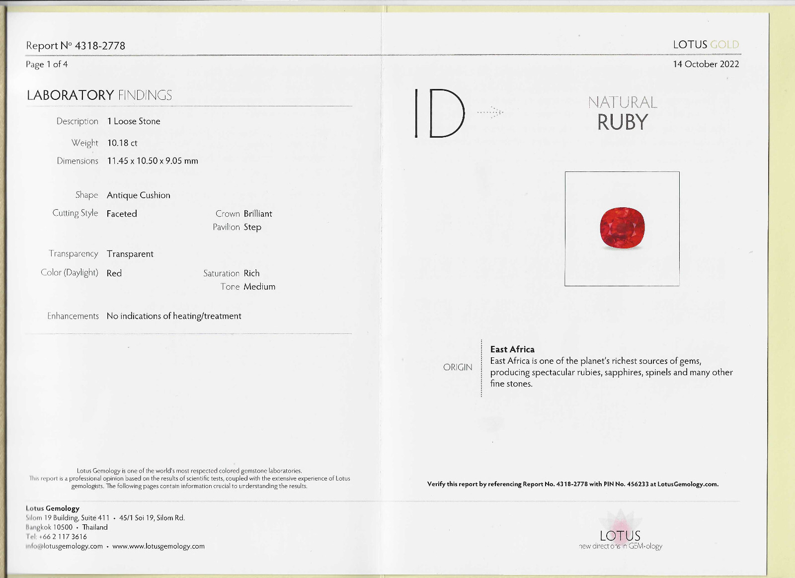 Lotus Certified Natural Ruby 10.18 Cts Rich Red Color "No Heat" East ...