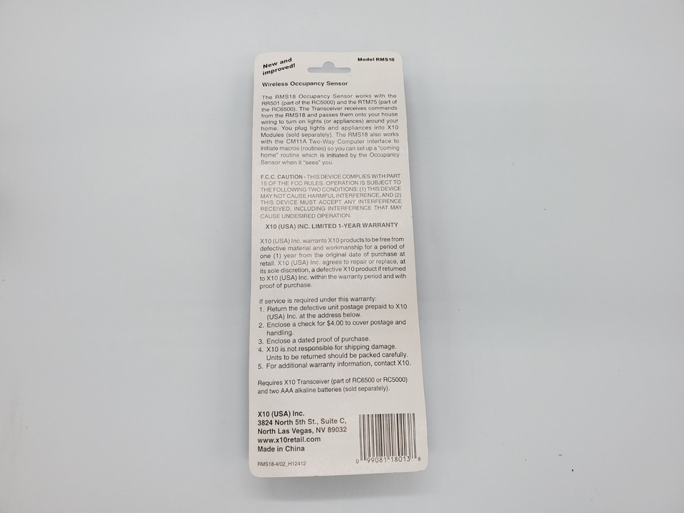 X10 Powerhouse Motion / Occupancy Sensor Model RMS18 - NEW 99081180138 ...