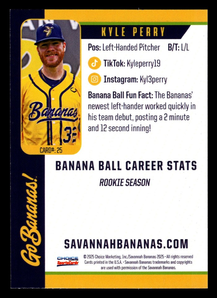 2025 Choice Savannah Bananas - #25 Kyle Perry Banana Ball | eBay
