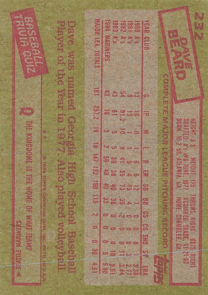 1985 Topps Baseball #232 Dave Beard Mariners | eBay