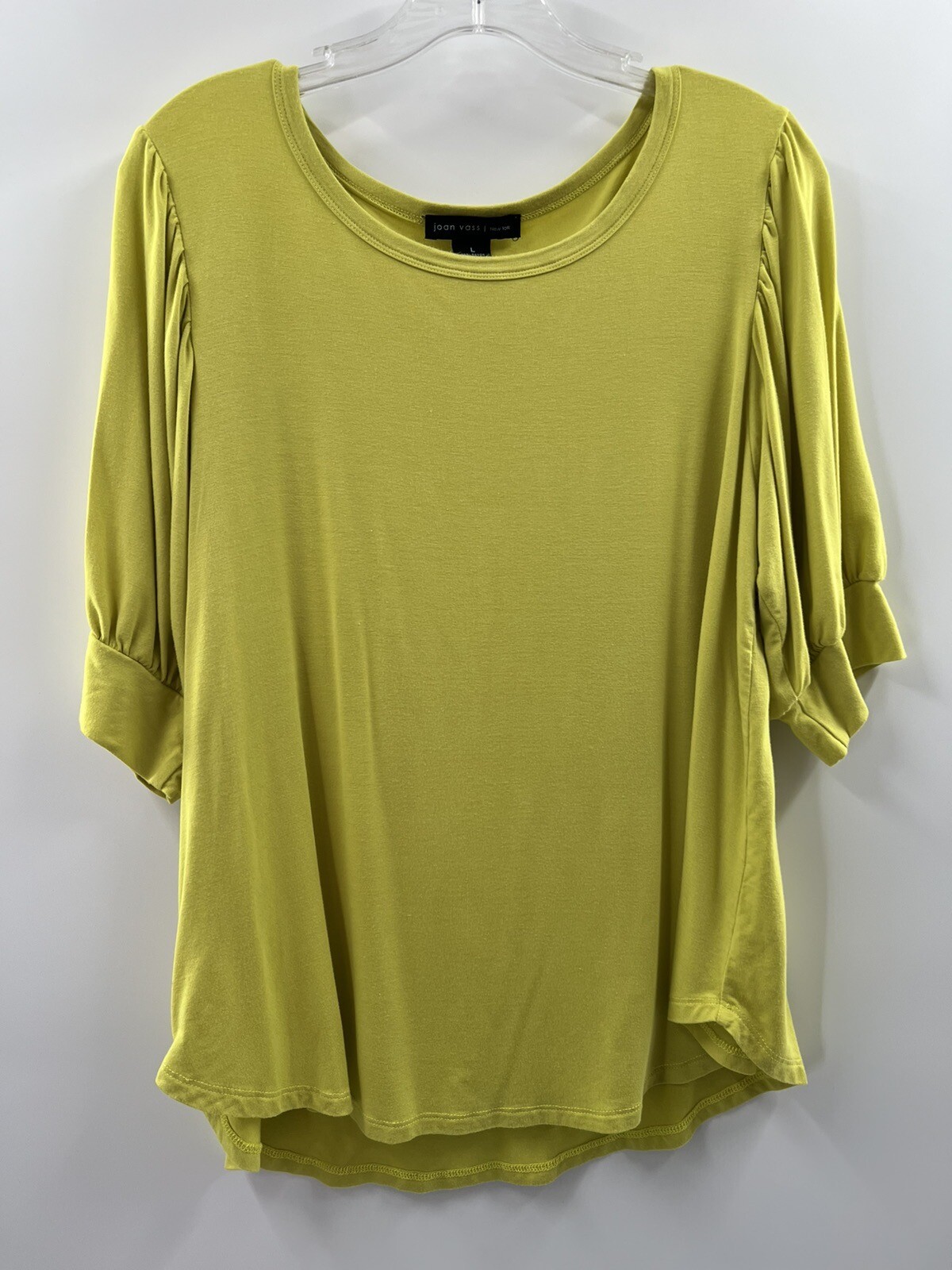 Joan Vass Women’s Short Sleeve Gathered Sleeve Chartreuse Knit Tee Size ...