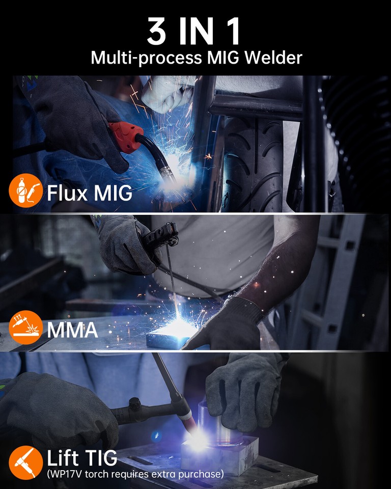 3 in1 MIG Stick Lift TIG Welder,200A Flux Cored MIG Welding Machine for ...