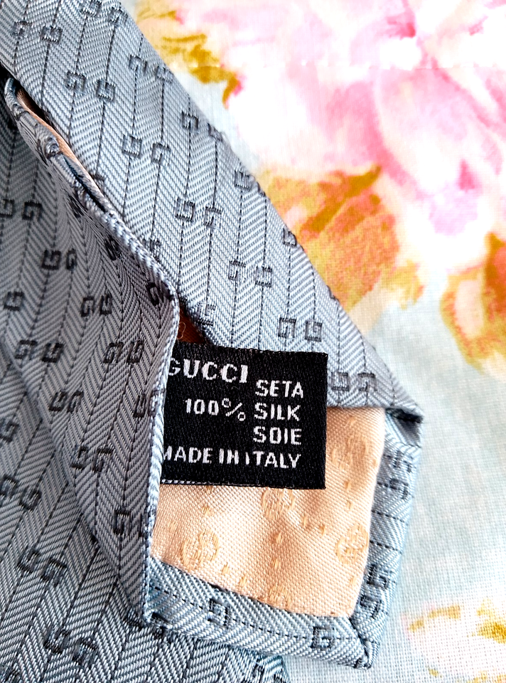 Vintage Gucci Monogram Tie 100% Silk Made in Italy GREY BLUE GG | eBay UK